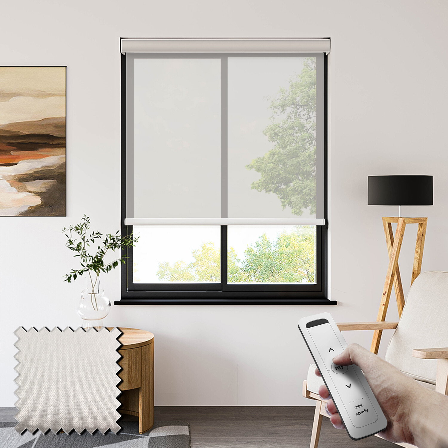 LUCID Ice SOMFY Electric Roller Blinds in White Voile Fabric Newblinds